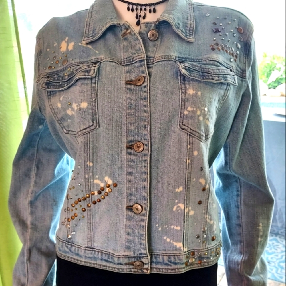 Distressed Denim Stud & Beaded Jean Jacket By Deluxe … - Gem